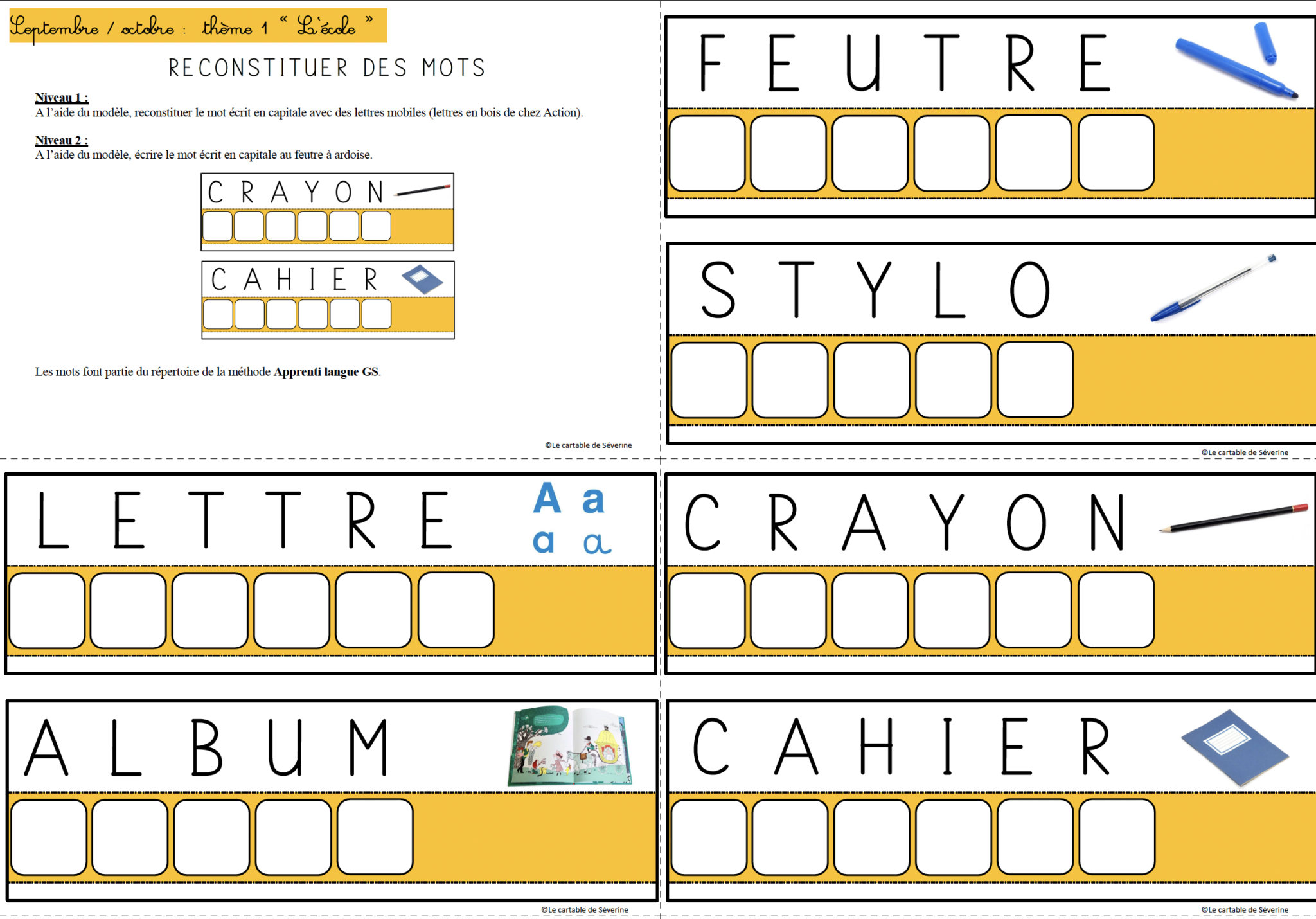 Cartes Mots à reconstituer thémes maternelle